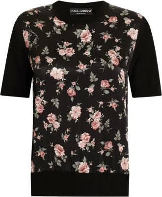 Dolce & Gabbana Femme, Pulls, Noir, Taille: 46 FR Top en soie imprim&eacute; roses