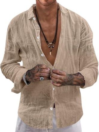 Onsoyours Chemise Lin Homme Manches Longues Chemise Décontractée Coton Chemises Hommes Couleur Unie Business Casual Bouton Shirts Regular Fit Chemises de Plage 