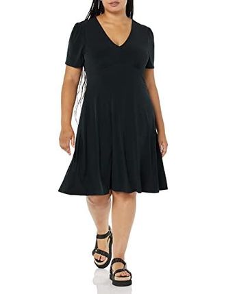 Amazon Essentials Robe Cintrée Et Évasée À Manches Courtes Et Col en V Femme, Noir, M