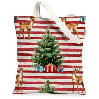Generic Sacs fourre-tout en toile de Noël, motif cerf et arbre, sacs réutilisables respectueux de lenvironnement, vacances rustiques, légères et lavables en t