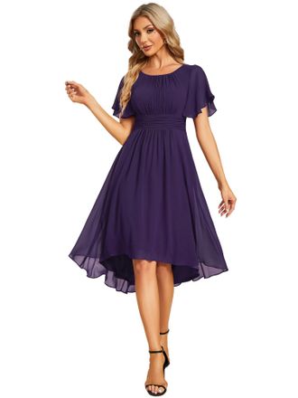Ever-pretty Damen-Kleid Für Hochzeitsgäste Kurzärmelig Empire-Taille Chiffon Knielang Elegantes A-Linien-Abendkleid Dunkelviolett 46