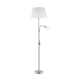 Eglo Lampadaire Conesa, lampadaire 2 flammes, lampe sur pied en m&eacute;tal nickel mat, tissu blanc et verre, lampe salon, lampadaire plafonnier avec liseuse, E2