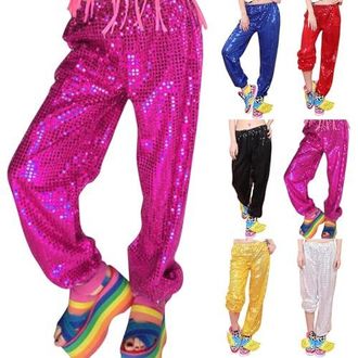 Generic Pantalon &agrave; paillettes pour femme - Taille &eacute;lastique - Pantalon &agrave; paillettes - Taille haute - Pantalon de loisirs - Tenue disco des ann&eacute;es 70 et 80 - P