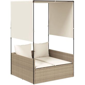vidaXL Doppel-Sonnenliege mit Dach und Vorh&auml;ngen Beige Poly Rattan - Vidaxl