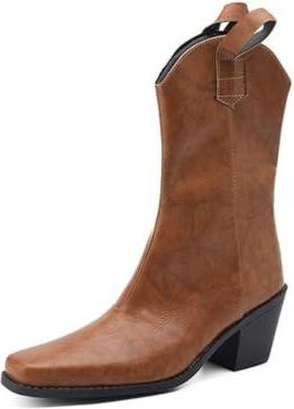 Generic Bottes Femme Rétro Bout Carré Style Western Cowboy Talon Moyen Épais À Enfiler Tige PU Durable Classique Décontracté Quotidien Soirée Chaussures,Jaune