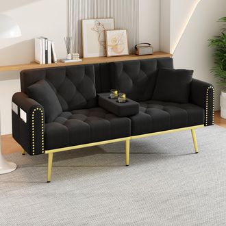 Generic Schlafsofa 3 Sitzer Samt mit Getr&auml;nkehalter Goldene Beine Couch mit Schlaffunktion Mittelarmlehne 3-Pos. Verstellbar Seitentaschen G&auml;stebett Kleine R&auml;