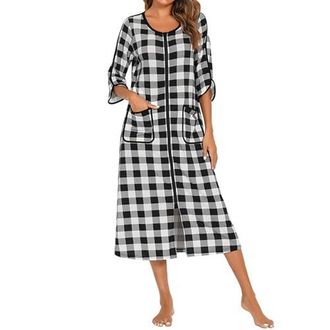 Generic Chemise de nuit &agrave; carreaux pour femme - V&ecirc;tement de nuit d&eacute;contract&eacute; &agrave; col rond avec poches - Chemise de nuit ample &agrave; manches 3/4 - Robe de chambre l&eacute;