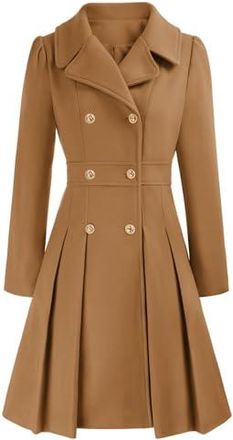 Generic Caban à double boutonnage pour femme - Coupe trapèze - Mode dhiver - Revers cranté - Slim évasé - Mélange de laine plissée - Trench avec poches, camel