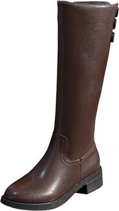 Generic Bottes hautes confortables et &eacute;l&eacute;gantes pour femme - Talon bas - Boucle - Fermeture &eacute;clair lat&eacute;rale - Large mollet - Bottes d&eacute;quitation d&eacute;contract&eacute;es 