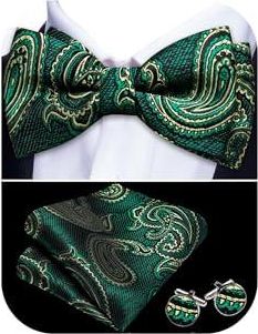 Barry.Wang Ensemble de noeud papillon, boutons de manchette carr&eacute; de poche en soie motif cachemire pour homme - Vert - Taille Unique