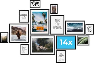 Photolini Bilderrahmen-Set verschiedene Gr&ouml;&szlig;en schwarz, 14 Bilder Rahmen schwarz Holz MDF mit Acrylglas, Bilderrahmenset zum Aufh&auml;ngen, Fotorahmen-Set mit Zubeh