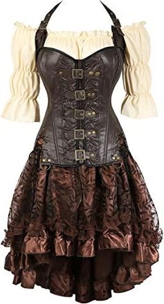 Grebrafan Steampunk Corset Jupe et Pirate Chemisier Deguisement Bustier Femme (EUR(38-40) XL, Marron)