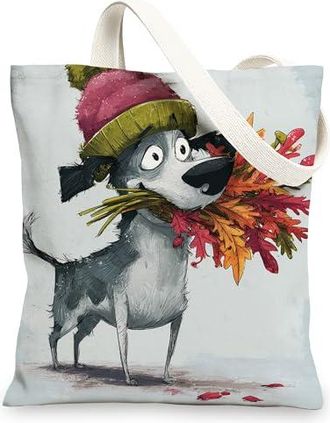 Generic Sacs en toile pour chien, motif animaux de dessin animé, légers, lavables avec bandoulière, réutilisables, pour courses, gris, 13 x 15 pouces