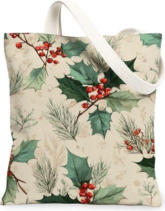 Generic Sacs fourre-tout en toile de houx de No&euml;l, sacs de courses r&eacute;utilisables, sacs de courses dhiver, vintage, l&eacute;gers, lavables en toile, 33 x 38,1 cm