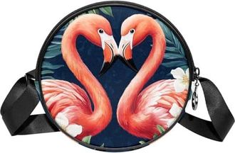 Generic Sac à bandoulière circulaire pour femme, motif flamant rose avec fleurs, petit sac à bandoulière avec fermeture éclair, bretelles réglables, sac à mai