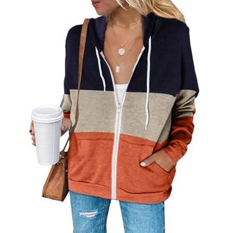 Generic Sweat &agrave; capuche &agrave; manches longues et fermeture &eacute;clair pour femme - Grande taille, bleu/gris, 5XL