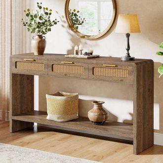 Tribesigns Tribesigns Table Console, 140 cm Table dEntr&eacute;e, Bout de Canap&eacute;, avec 3 Tiroirs en Rotin et Deux &eacute;tag&egrave;res Ouvertes, Table Basse derri&egrave;re Le canap&eacute;