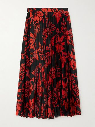 sacai Jupe Midi Plissée En Satin À Imprimé Fleuri - Rouge