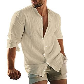 Generic Chemise en lin pour homme - Chemise en lin pour homme - Coupe ajust&eacute;e - Coupe ajust&eacute;e - Blanc - Polo blanc - Col en V - Haut long pour homme, jaune, X