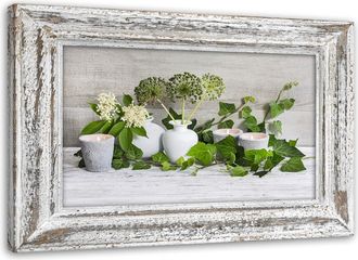 Feeby Bild auf Vlies Leinwand Rustikaler Shabby Chic 90x60 cm Kunstdruck Modern Wandbilder Deko Flur Wohnzimmer Pflanzen Kerzen Vasen Beige