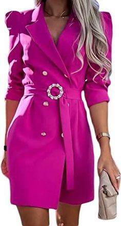 Minetom Femmes Robe Moulante Elegante Slim Fit Mini Robe Boutons Blazer Robes de Soirée Bureau Manteau Veste avec Ceinture A Rose Vif XS