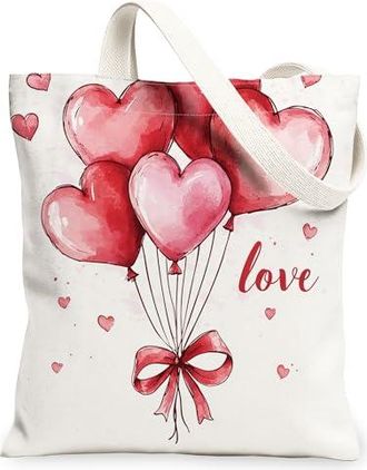 Generic Sacs fourre-tout r&eacute;utilisables en toile pour la Saint-Valentin, motif coeur et ballons, sacs d&eacute;picerie romantiques, sacs d&eacute;picerie r&eacute;utilisables, l&eacute;ge