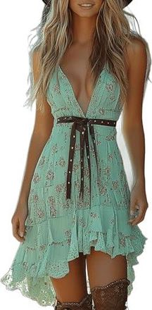 Generic Robe de cowboy vintage en jean pour femme - Robe &eacute;vas&eacute;e avec bordure en dentelle florale et &eacute;paules d&eacute;nud&eacute;es - Costume dHalloween inspir&eacute; des ann&eacute;es 7