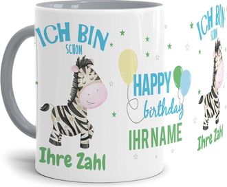 Tassendruck Tasse zum Geburtstag f&uuml;r Jungen mit s&uuml;&szlig;em Tiermotiv Zebra - personalisierbar mit Name und Alter - Innen & Henkel Grau, hochwertige Keramik, 300 ml