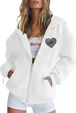 Generic Vestes pour femmes 2026 Sweat &agrave; capuche zipp&eacute; en polaire avec imprim&eacute; &agrave; manches longues et cordon de serrage pour lhiver au quotidien, blanc, XXL