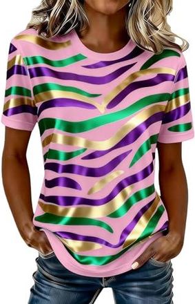Generic T-shirt d&eacute;contract&eacute; &agrave; manches courtes et col rond pour femme - Imprim&eacute; abstrait &agrave; rayures color&eacute;es - T-shirt d&eacute;t&eacute; doux et extensible pour le travail, 