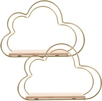 TOPBATHY &Eacute;tag&egrave;re Murale Nuage 2 Pi&egrave;ces en Bois Et Fer Dor&eacute; Rangement Compact Et D&eacute;co Murale pour Chambre Salon Et Salle De Bain Pr&eacute;sentoir pour Livres Et Objet