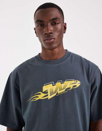 Wood Wood Double A By Wood Wood - Liam - T-shirt 100 % coton avec imprim&eacute; logo A sur le devant - Noir d&eacute;lav&eacute;