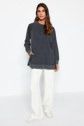Trendyol Modest Damen Grau Einfarbig Lang Regular Fit Modest Sweatshirts