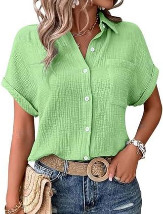 Generic Chemisier pour Femmes Coton Et Lin Respirant Chic Et Élégant Chemisiers Et Blouses Ete Leger Décontracté Blouse Manches Courtes T-Shirts De Couleur Pu
