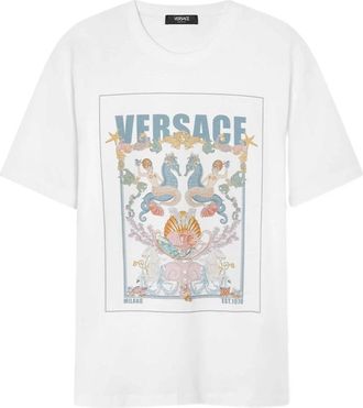Versace Homme, Tops, Blanc, Taille: L Coral Theatre Postcard Print Short Sleeve Crewneck