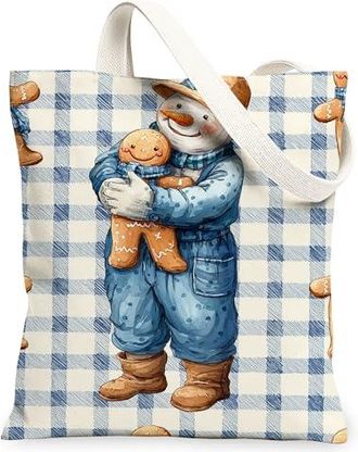 Generic Sacs fourre-tout en toile motif bonhomme de neige, sacs d&eacute;picerie r&eacute;utilisables, confortables, l&eacute;gers et lavables avec bandouli&egrave;re, Bleu, 13x15 Inch