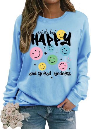 Dresswel Damen Sweatshirt Smile Brief Drucken Pullover Lustiges L&auml;chelndes Rundhals Langarmshirt Baumwolle Pulli Herbst Winter Casual Oberteile Langarm Tops