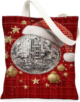 Generic Sacs fourre-tout en toile motif boule disco de No&euml;l, sacs d&eacute;picerie r&eacute;utilisables, vintage l&eacute;gers et lavables en toile pour, Rouge, 13x15 Inch