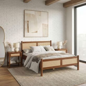 IDIMEX Massivholzbett CEFIRA 140x200 cm mit Rattangeflecht, Kastanie Finish - Doppelbett aus massivem Kiefernholz, stabiles Holzbett im Boho-Stil