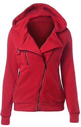 Yonglan Femme Oblique Zipp&eacute; Sweats &Agrave; Capuche Couleur Unie Casual Veste Manteau Blouson Hoodie Tops Rouge XL