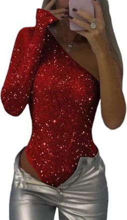 Onsoyours Body Paillettes Femme Chemisier Élégant Blouse Épaules Nus Sequin Tops Hauts Sexy À manches longues Paillettes Une pièce Fête Bodysuit Jumpsuit Clubwe