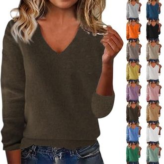 Generic Pull confortable en cachemire pour femme, col en V, pulls en cachemire pour femmes, hauts dautomne &agrave; manches longues et col en V, pull en laine, caf&eacute;,