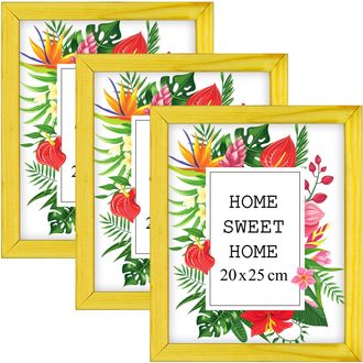 MG Design Set aus 3 Gelb Bilderrahmen 20 x 25 cm - Aus echtem Holz mit Acrylglas, zum Aufh&auml;ngen & Aufstellen, f&uuml;r Fotos, Poster & Puzzle