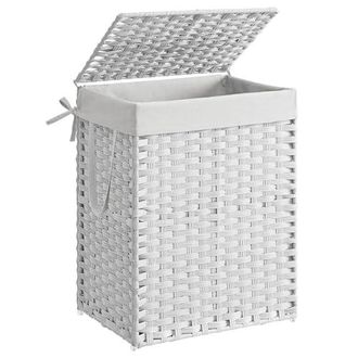 Songmics Panier &agrave; Linge de 90L, tiss&eacute; &agrave; la Main, Corbeille &agrave; v&ecirc;tements en rotin synth&eacute;tique, avec Couvercle et poign&eacute;es, Pliable, Sac int&eacute;rieur Amovible, Blanc