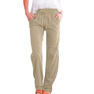 Generico Pantalon en lin pour femme, large et l&eacute;ger, &eacute;l&eacute;gant, &eacute;lastique, jambe droite, avec poche, couleur unie, pantalon d&eacute;contract&eacute;, taille haute pour loisir