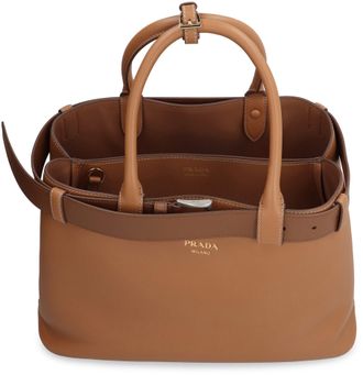 Prada Womens Buckle Calfskin Tote Bag Saddle Brown