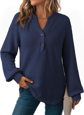 Dokotoo Bluse Damen Langarm Waffel V-Ausschnitt Oberteile Herbst Pullover Sweatshirt Langarmshirt Tops L&auml;ssig Blusen Tuniken Einfarbig T-Shirts Oberteil Marin