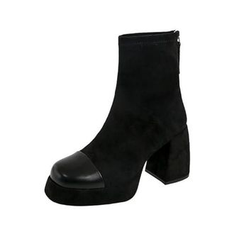 Generic Bottines Femme Grande Taille Plateforme Talon Carr&eacute; R&eacute;tro Bottes Courtes Mode Carr&eacute; Bout Zipp&eacute; Boots Chic et Elegant L&eacute;g&egrave;res Tendance Chaussures Autom