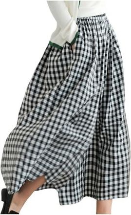 Generic Pantalon vichy pour femme - Jambe large - Pantalon en lin - Taille élastique - Taille haute - Pantalon court décontracté - Tendance - Vêtements dété -