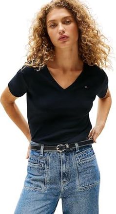 Tommy Hilfiger T-Shirt Manches Courtes Femme New Slim Cody Col en V, Bleu (Nos Desert Sky), S